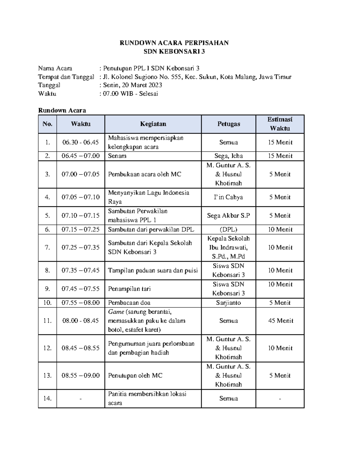 Rundown Acara Perpisahan PPL I SDN Kebonsari 3 - 20 Maret 2023 - Studocu