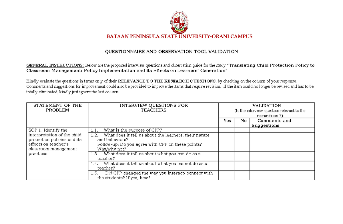 Quali Validation Instrument - QUESTIONNAIRE AND OBSERVATION TOOL ...