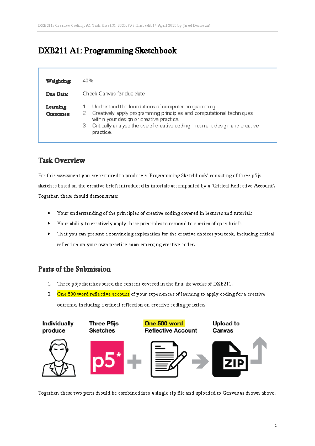 DXB211: Creative Coding A1 Task Sheet & Guidelines S1 2025 - Studocu