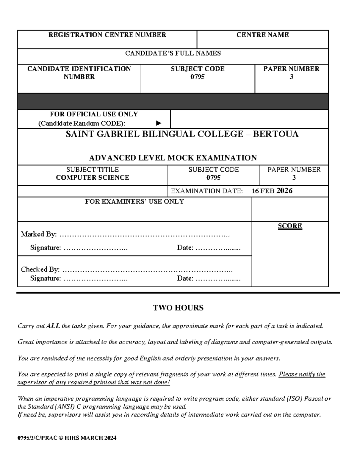 AL 0795 CSC 3 MOCK EXAMINATION - COMPUTER SCIENCE 2025 - Studocu