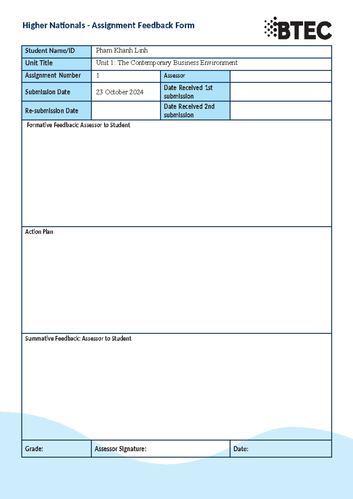 Higher Nationals - Assignment Feedback Form for Unit 1 - Studocu