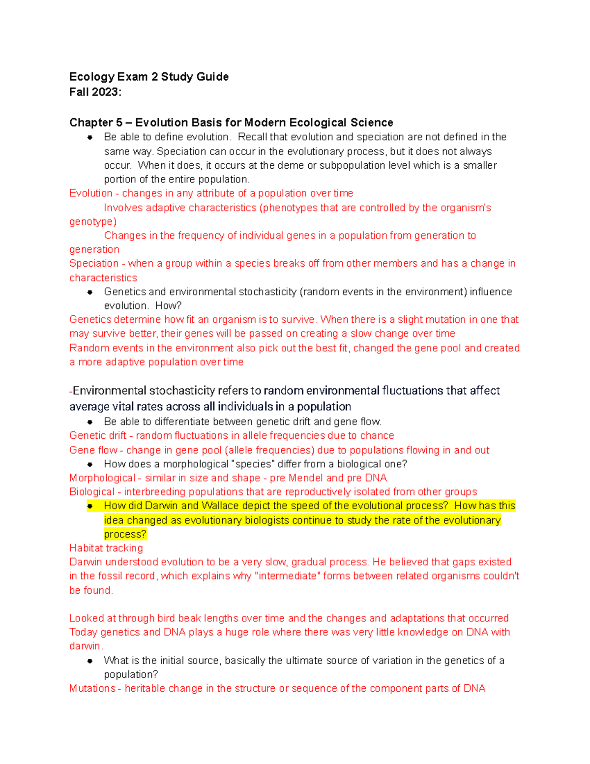 Ecology Exam 2 Study Guide: Evolution & Plant Adaptations - Fall 2023 ...