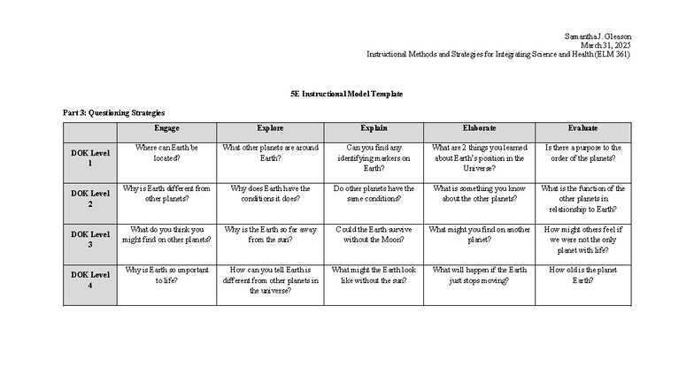 5E Instructional Model (ELM 361) Part 3: Questioning Strategies - Studocu