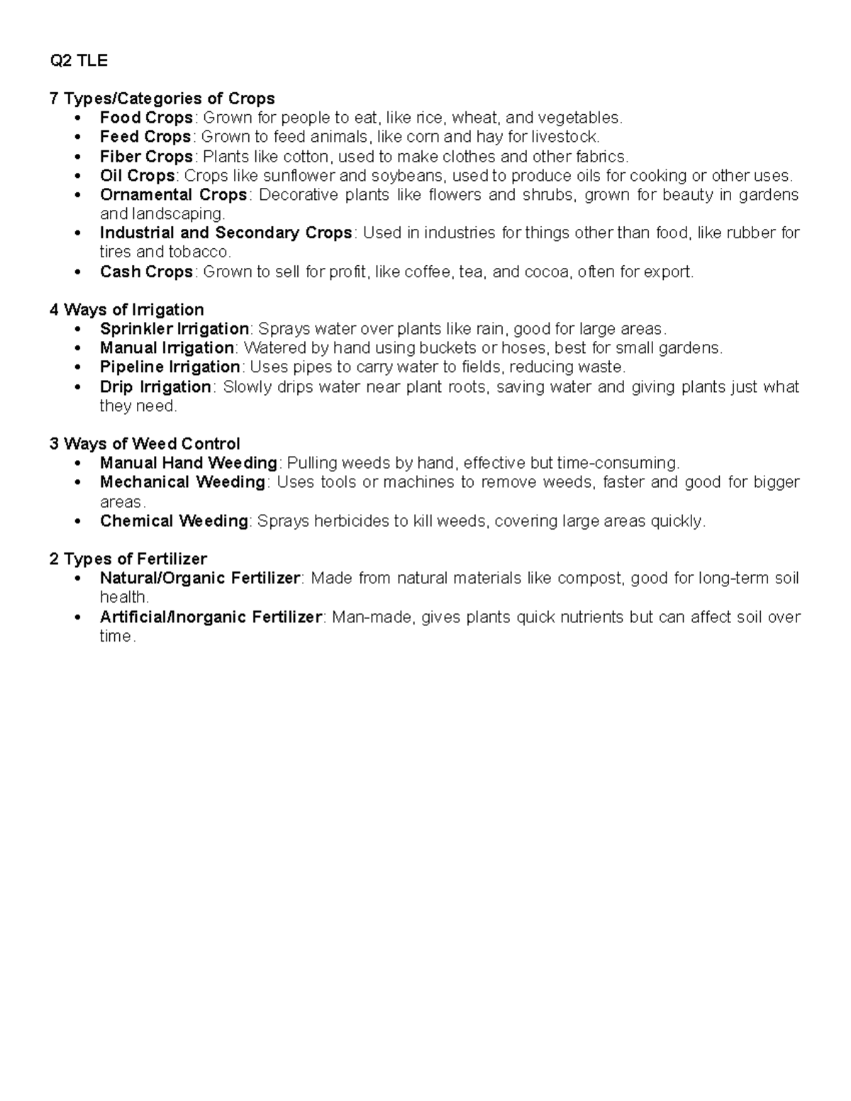 Q2 - Crops, Irrigation, WEED & Fertilizer - Q2 TLE 7 Types/Categories ...