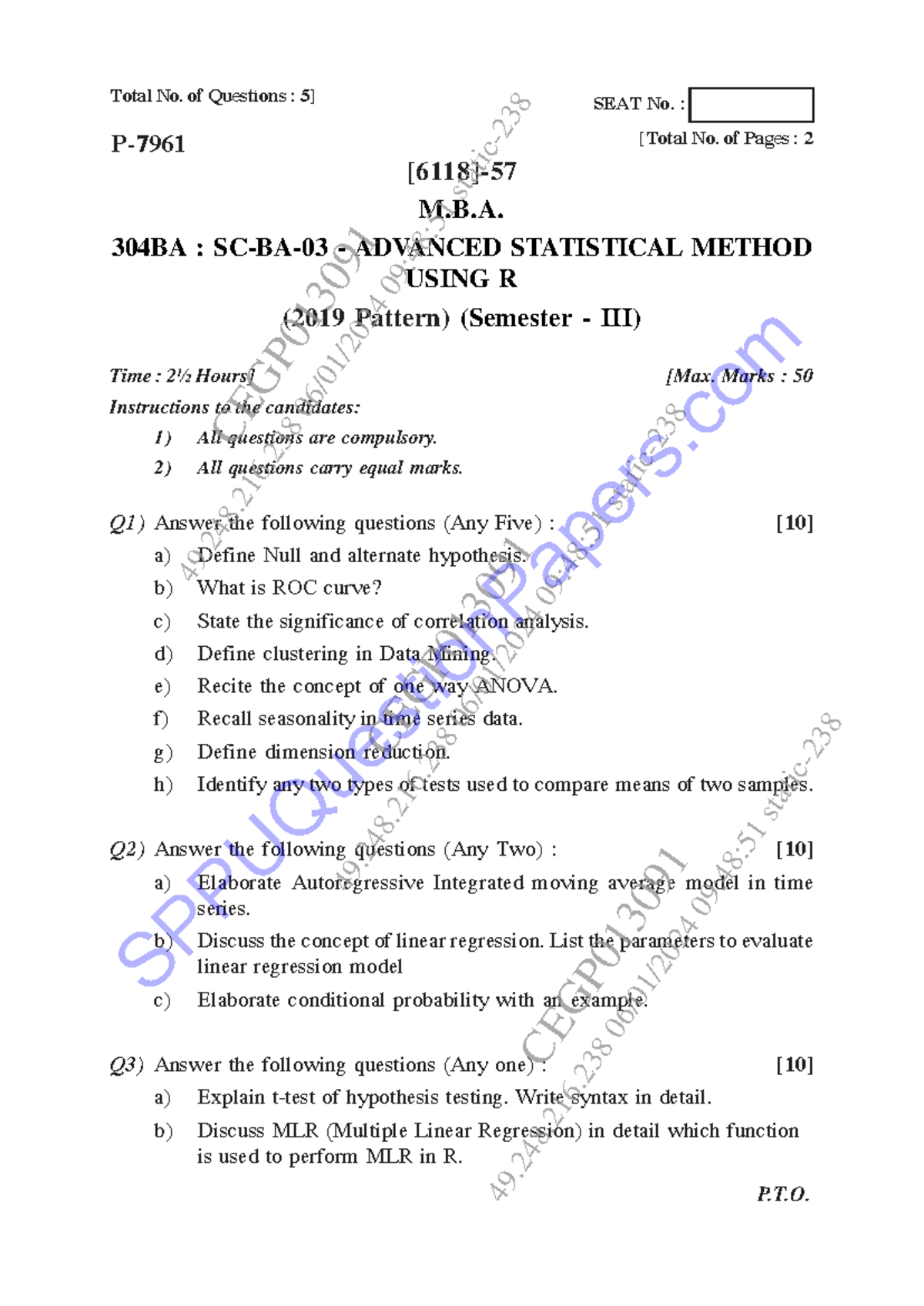M.B.A. 304BA: Advanced Statistical Methods Using R - Nov 2023 Exam - Studocu