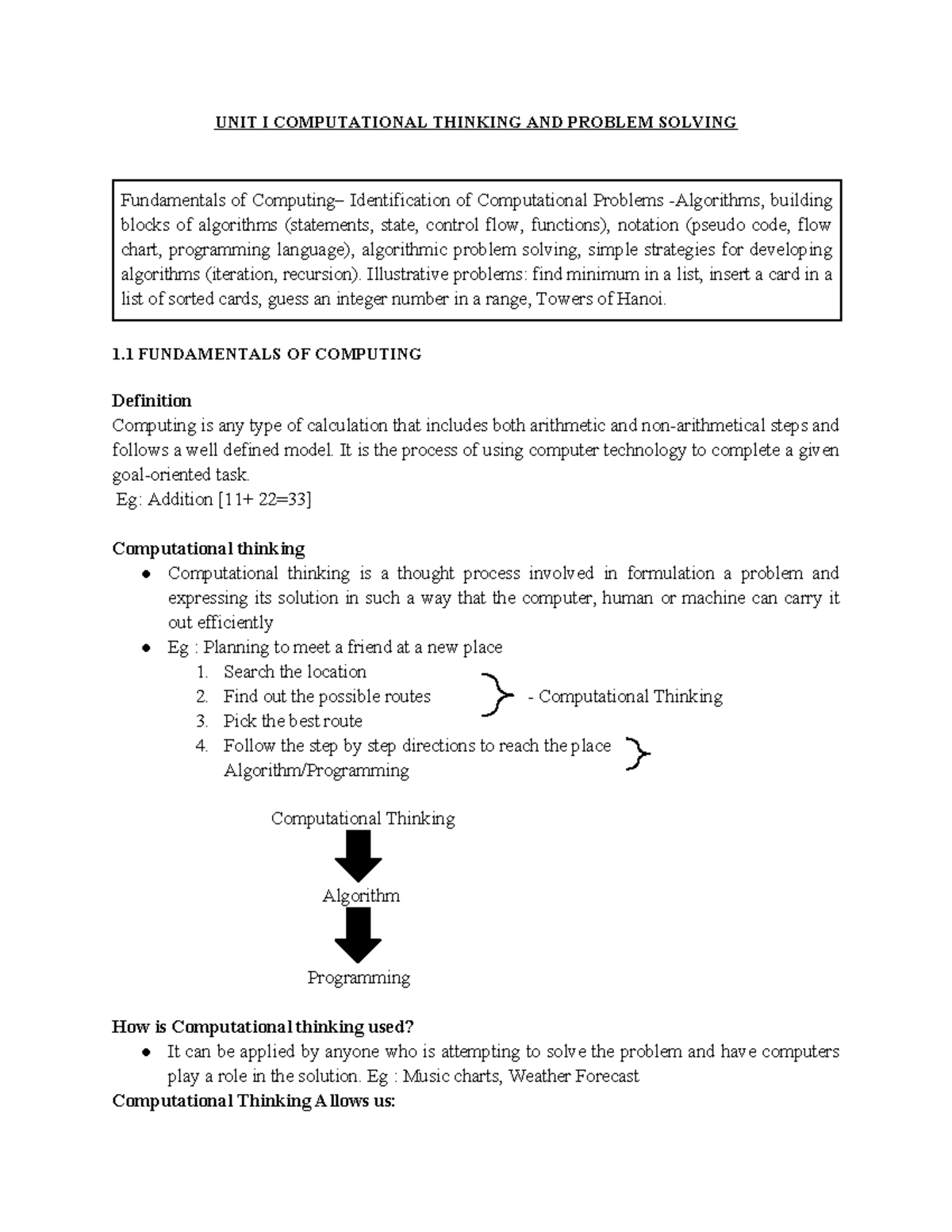 UNIT I: Fundamentals of Computational Thinking & Problem Solving - Studocu