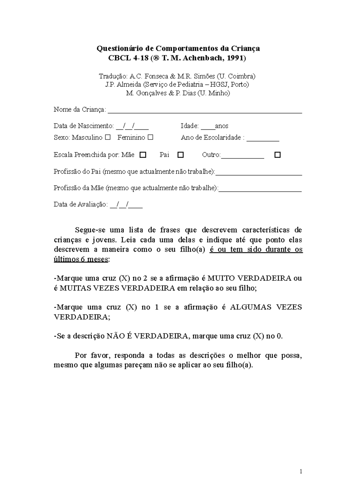 Questionário CBCL para Crianças: Avaliação Comportamental 4-18 - Studocu