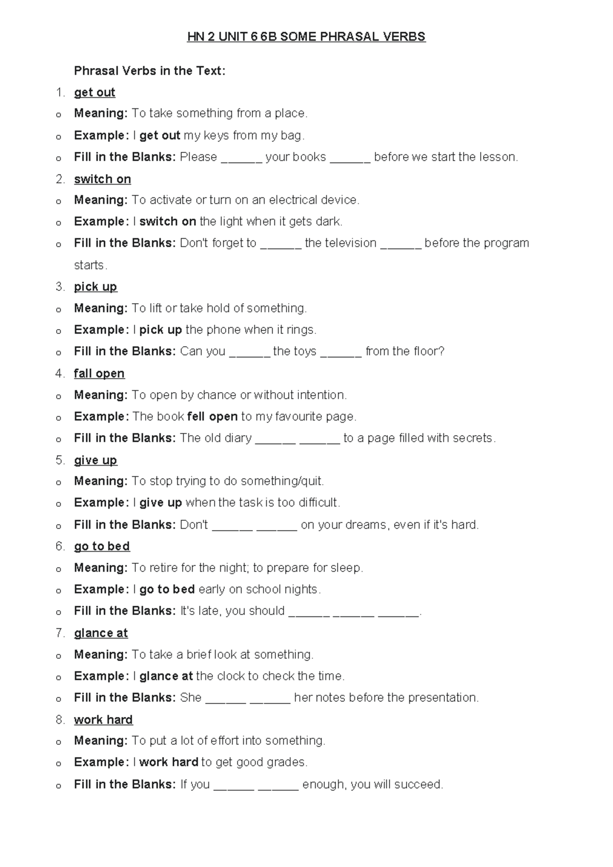 HN 2 UNIT 6B Phrasal Verbs Practice Materials and Exercises - Studocu