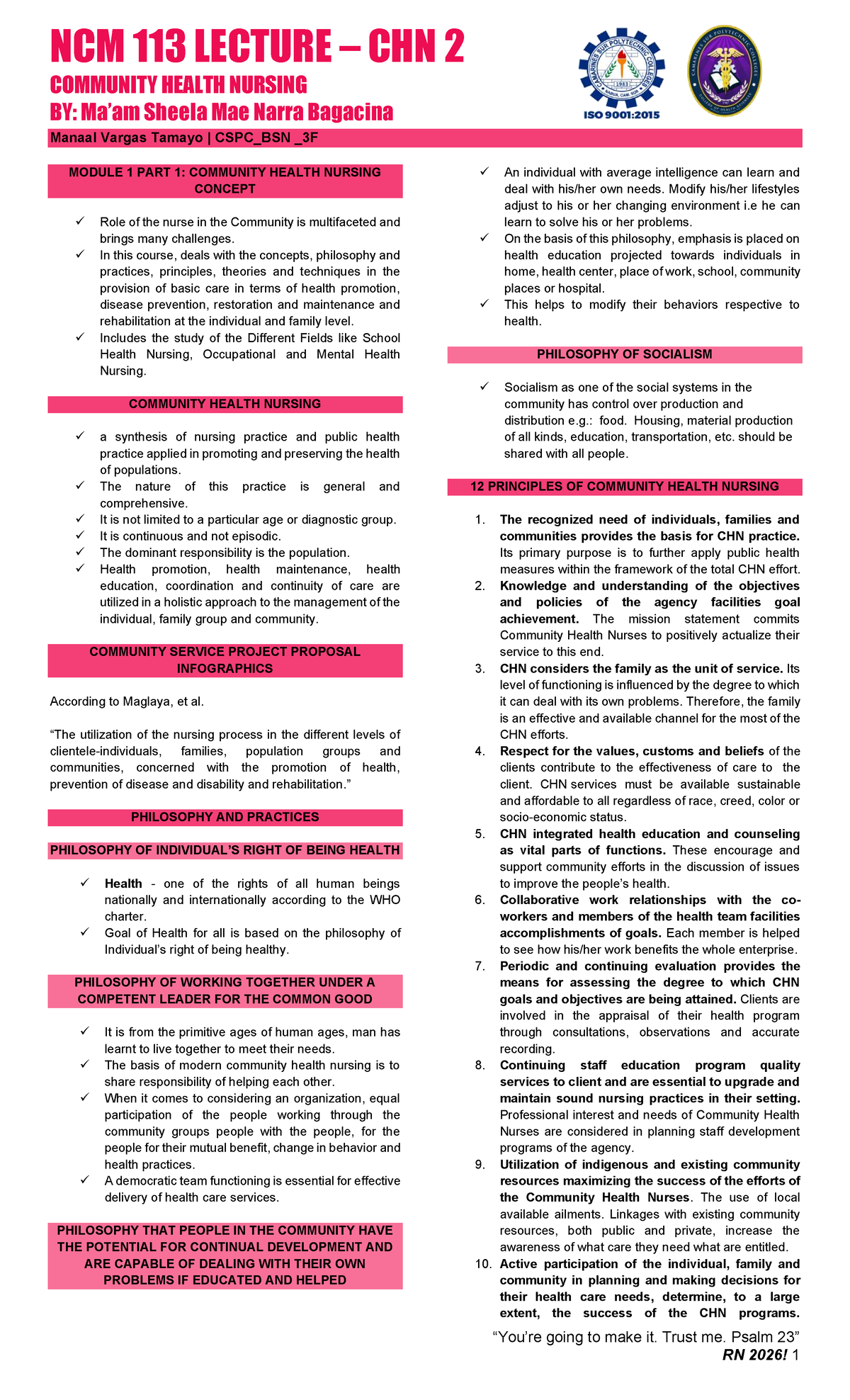 NCM 113 LECTURE CHN 2 COMMUNITY HEALTH NURSING: Midterm Project Overview by - Studocu