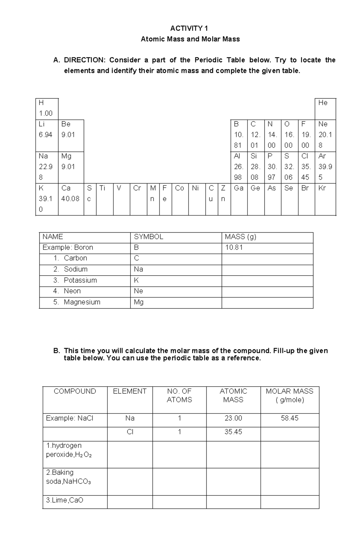 Activity MOLE Concept - ACTIVITY 1 Atomic Mass and Molar Mass A ...