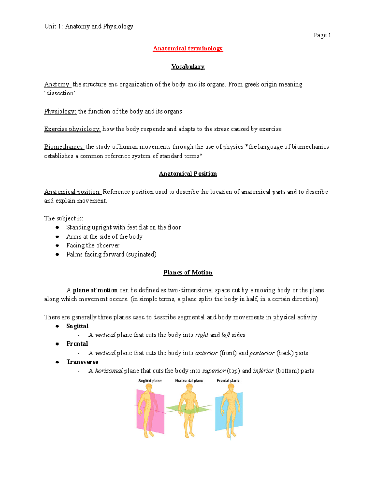 Unit 1: Intro to Anatomy & Physiology - Key Concepts and Terms - Studocu