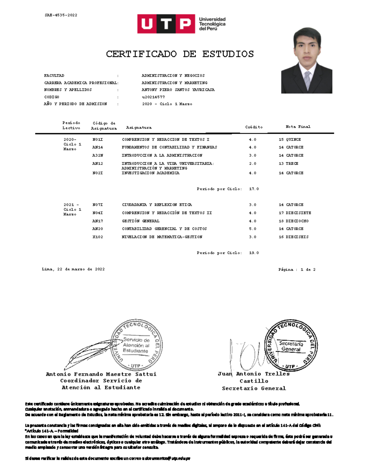 Certificado de estudios superior original - SAE-4535- CERTIFICADO DE ...