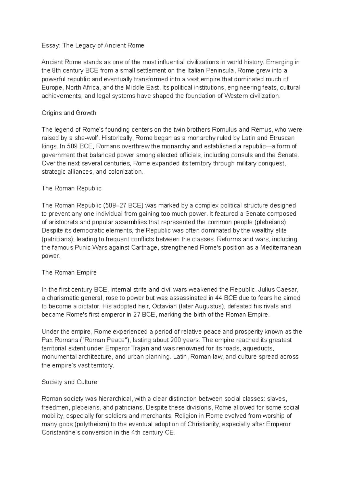 Essay: The Legacy of Ancient Rome (Greece Essay) - Studocu