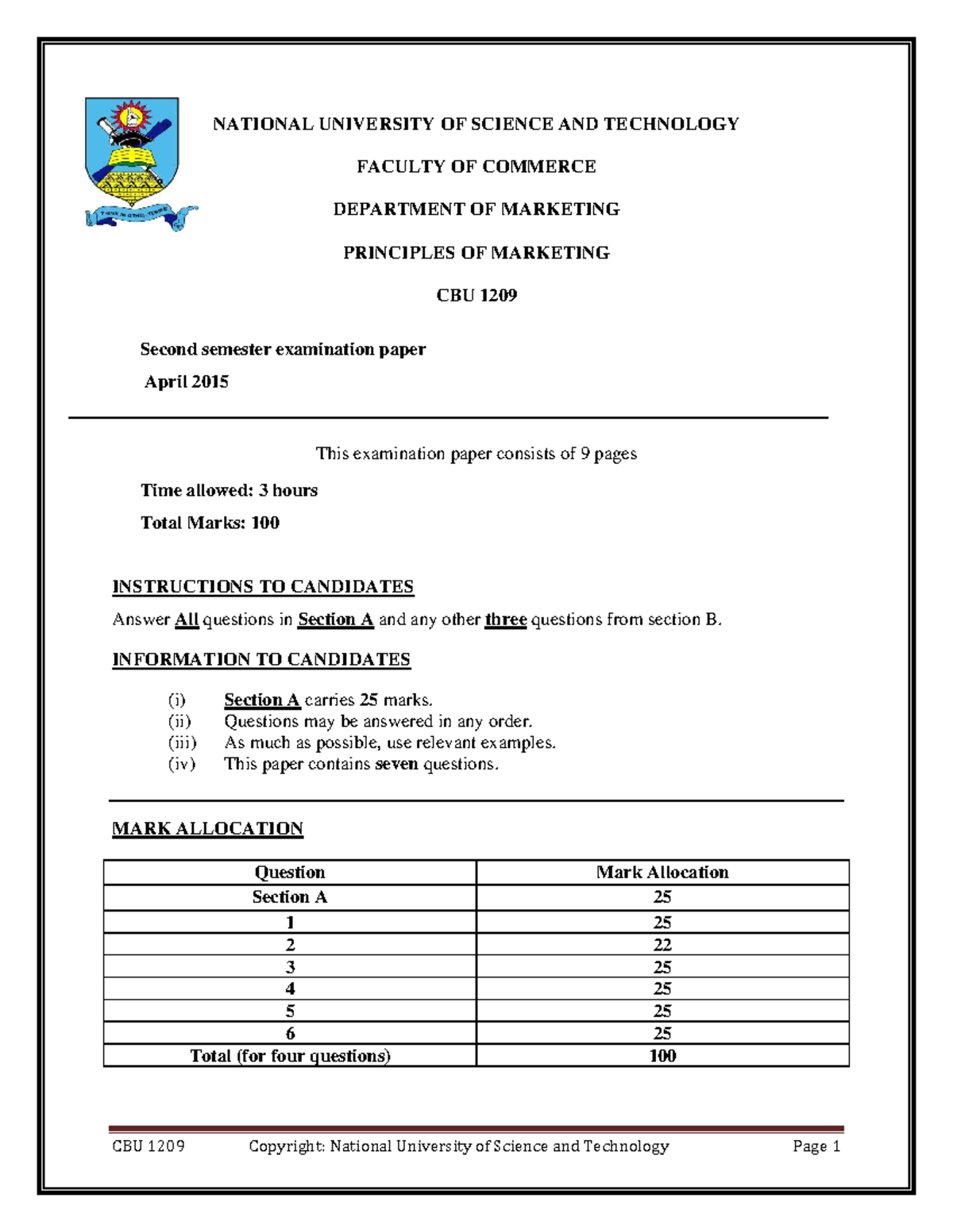 CBU 1209 Final Exam Paper: Principles of Marketing April 2015 - Studocu
