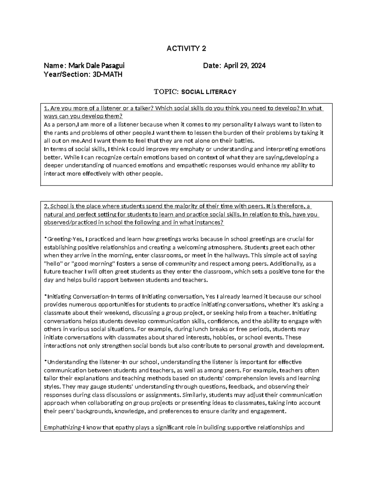 Activity 2 Social Literacy - ACTIVITY 2 Name: Mark Dale Pasagui Date ...