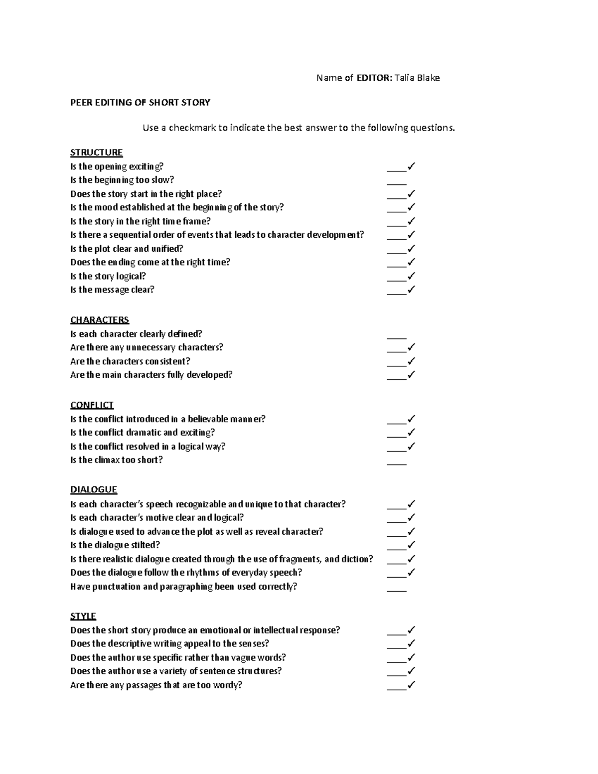 ENG 101: Peer Editing Checklist for Short Story Evaluation - Studocu