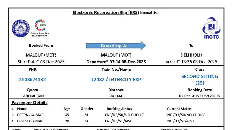Electronic Reservation Slip for Train 12482 (MOT to DLI) - Studocu