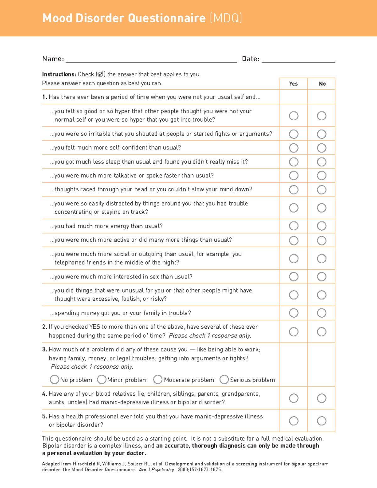 Mood Disorder Questionnaire (MDQ) for Bipolar Disorder Screening - Studocu