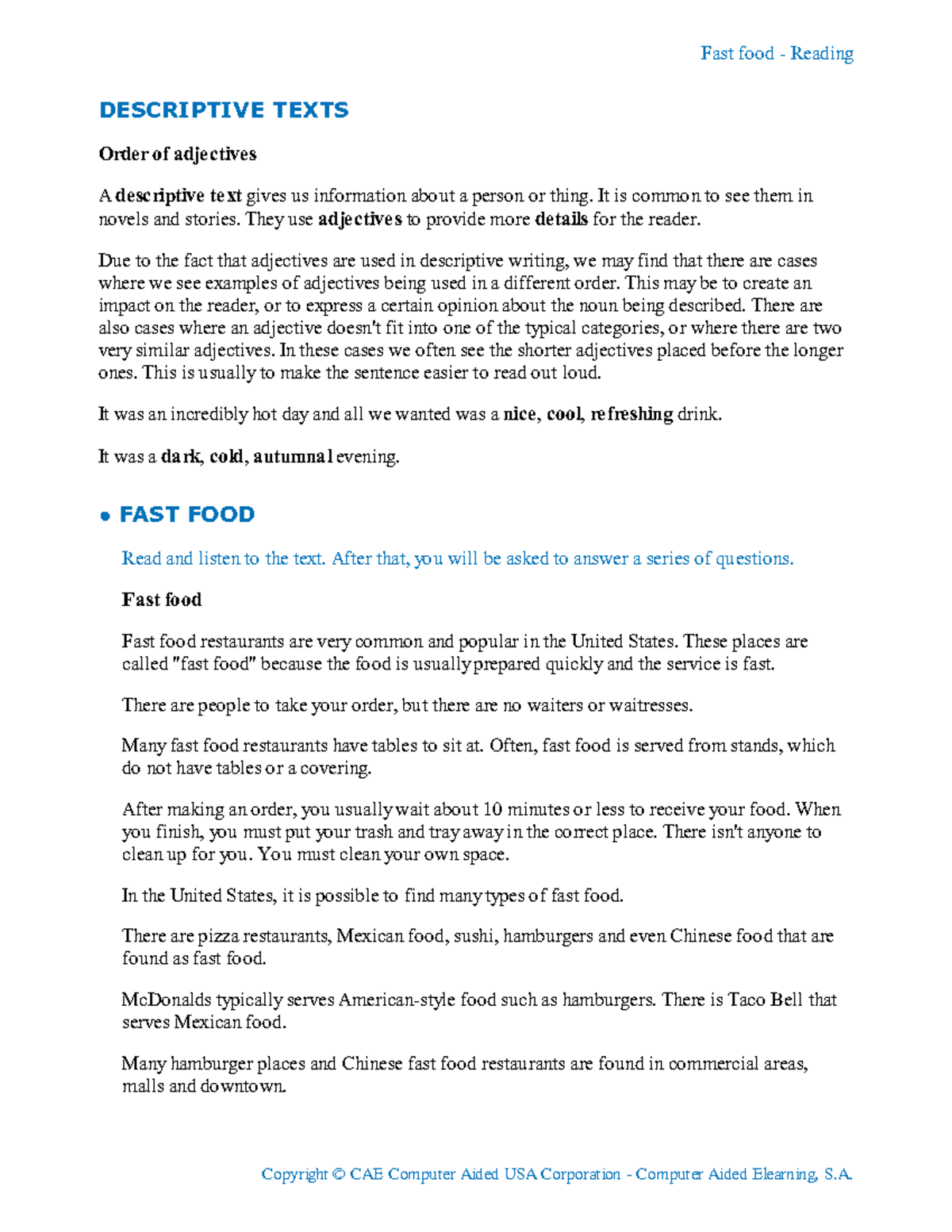 Fast Food Reading: Descriptive Texts & Adjective Order - Studocu