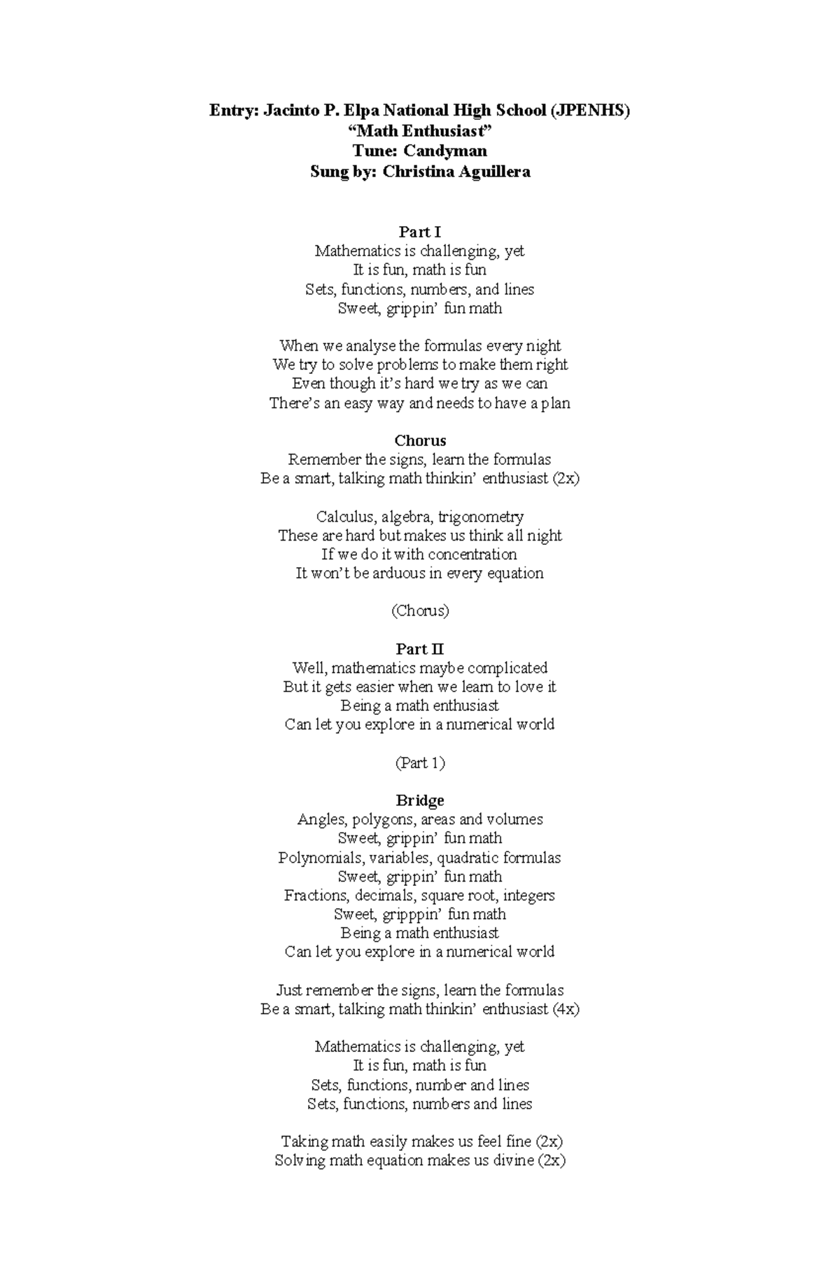 484778271 Math Jingle Lyrics: “Math Enthusiast” Song Doc - Studocu