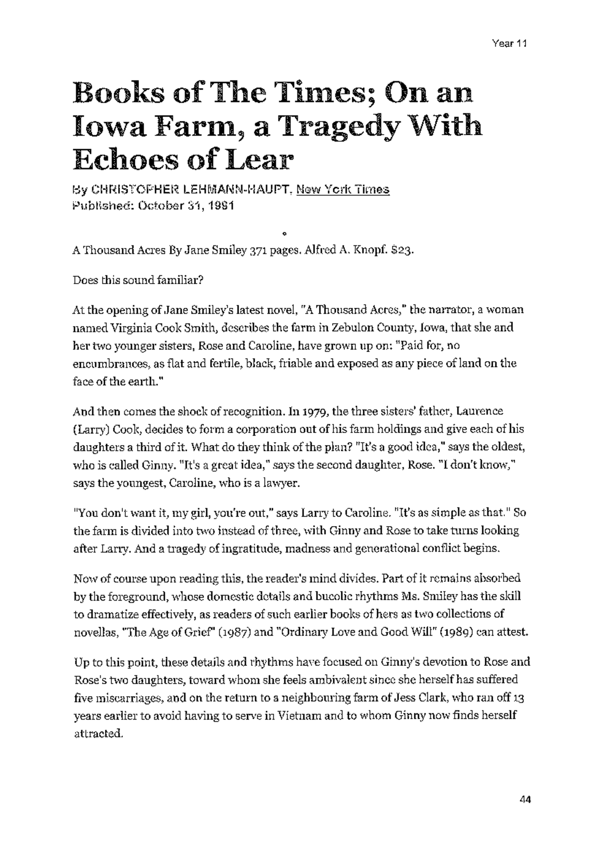 Year 11 Essay Notes: Iowa Farm Version of King Lear Analysis - Studocu