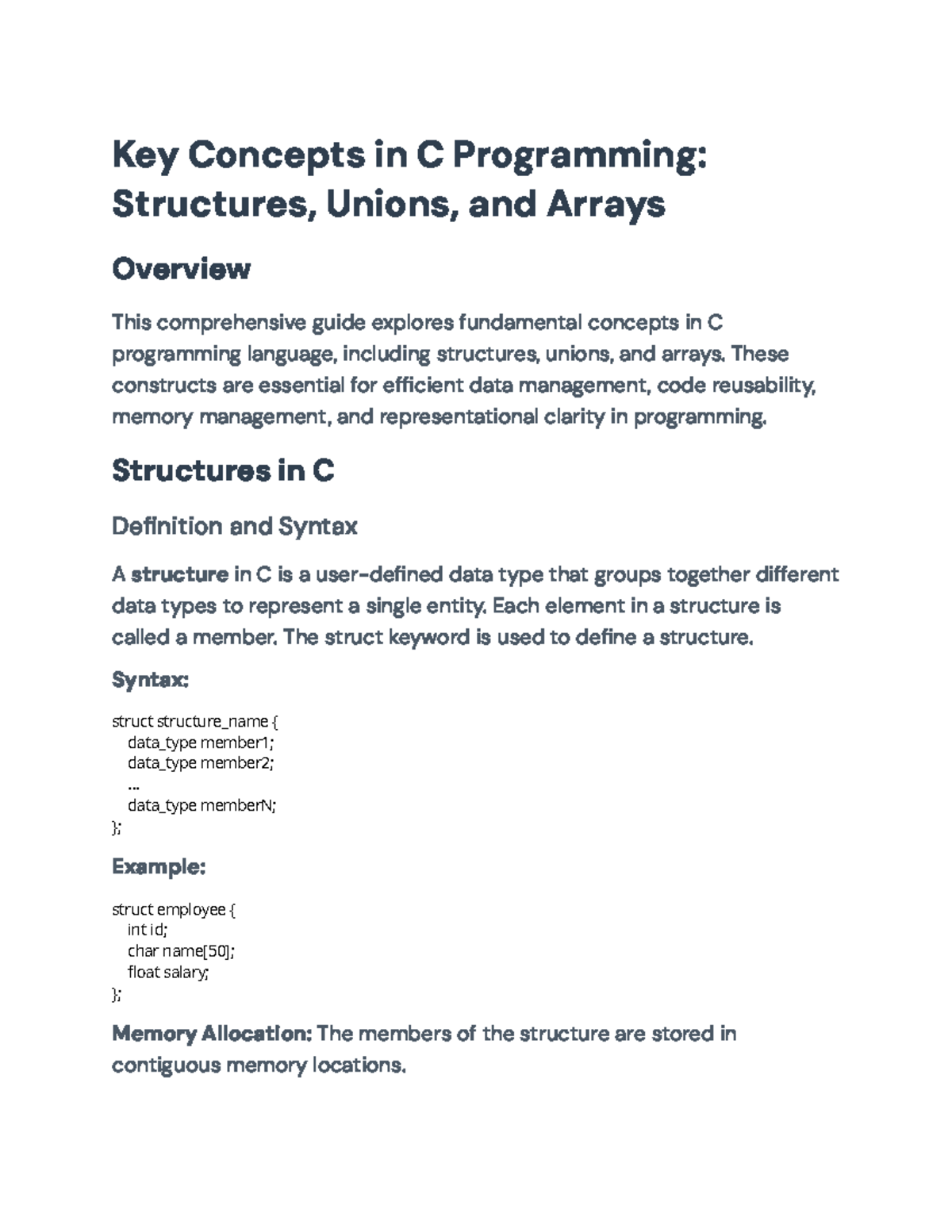 Key Concepts in C Programming: Structures, Unions, and Arrays Guide - Key Concepts in C ...