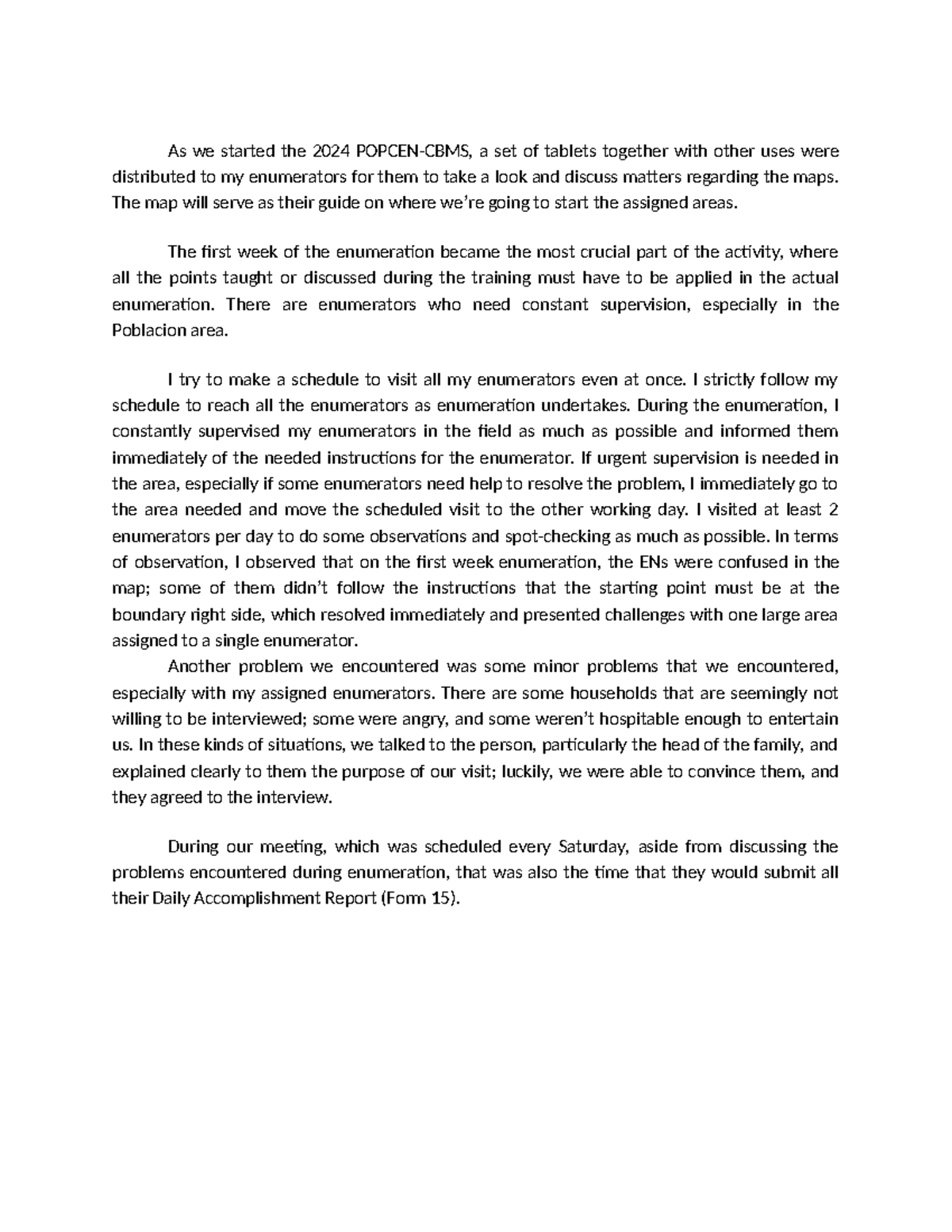 Narrative Report on 2024 POPCEN-CBMS Enumerator Supervision - Studocu