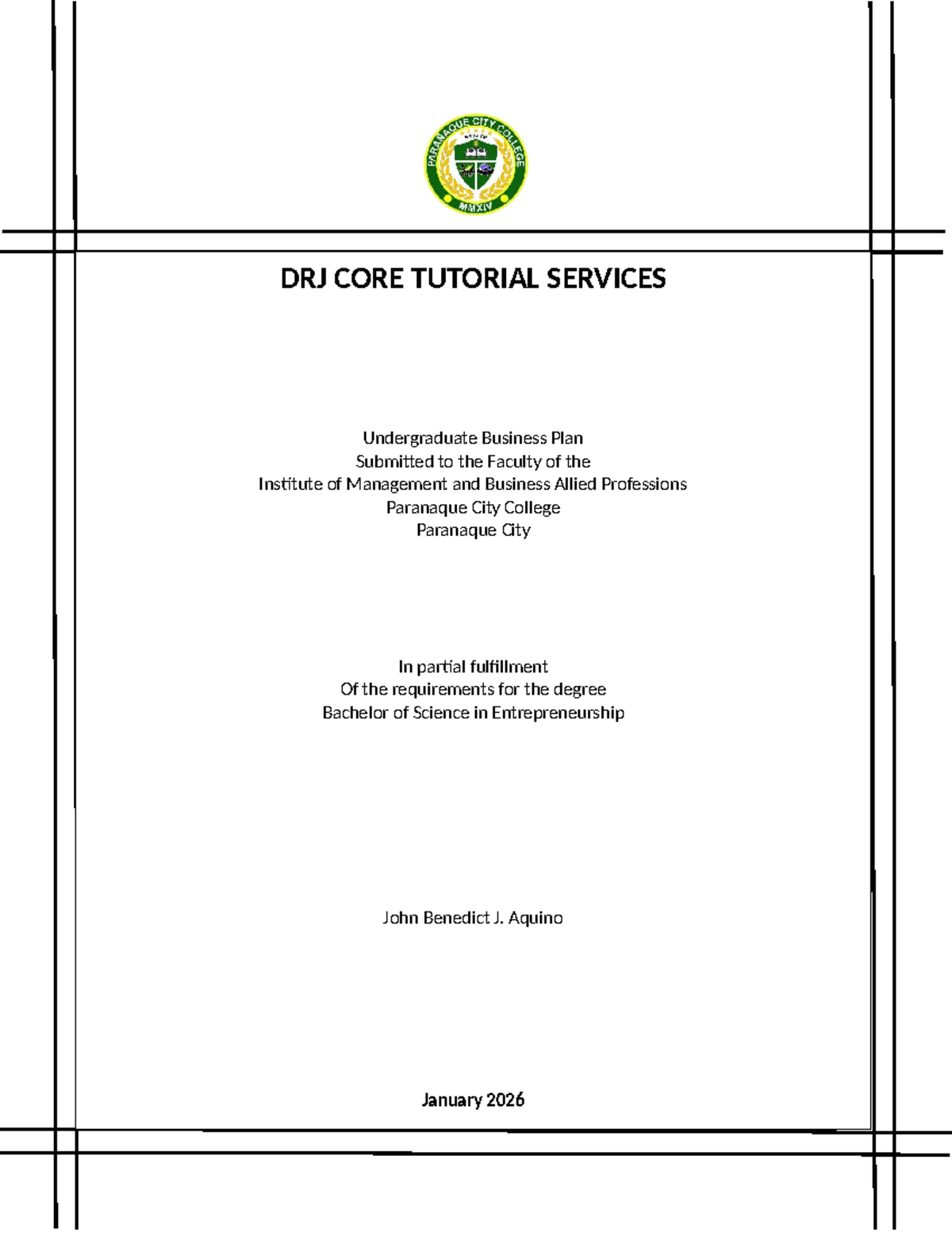 Business Plan for DRJ Core Tutorial Services (BS Entrep) - Studocu