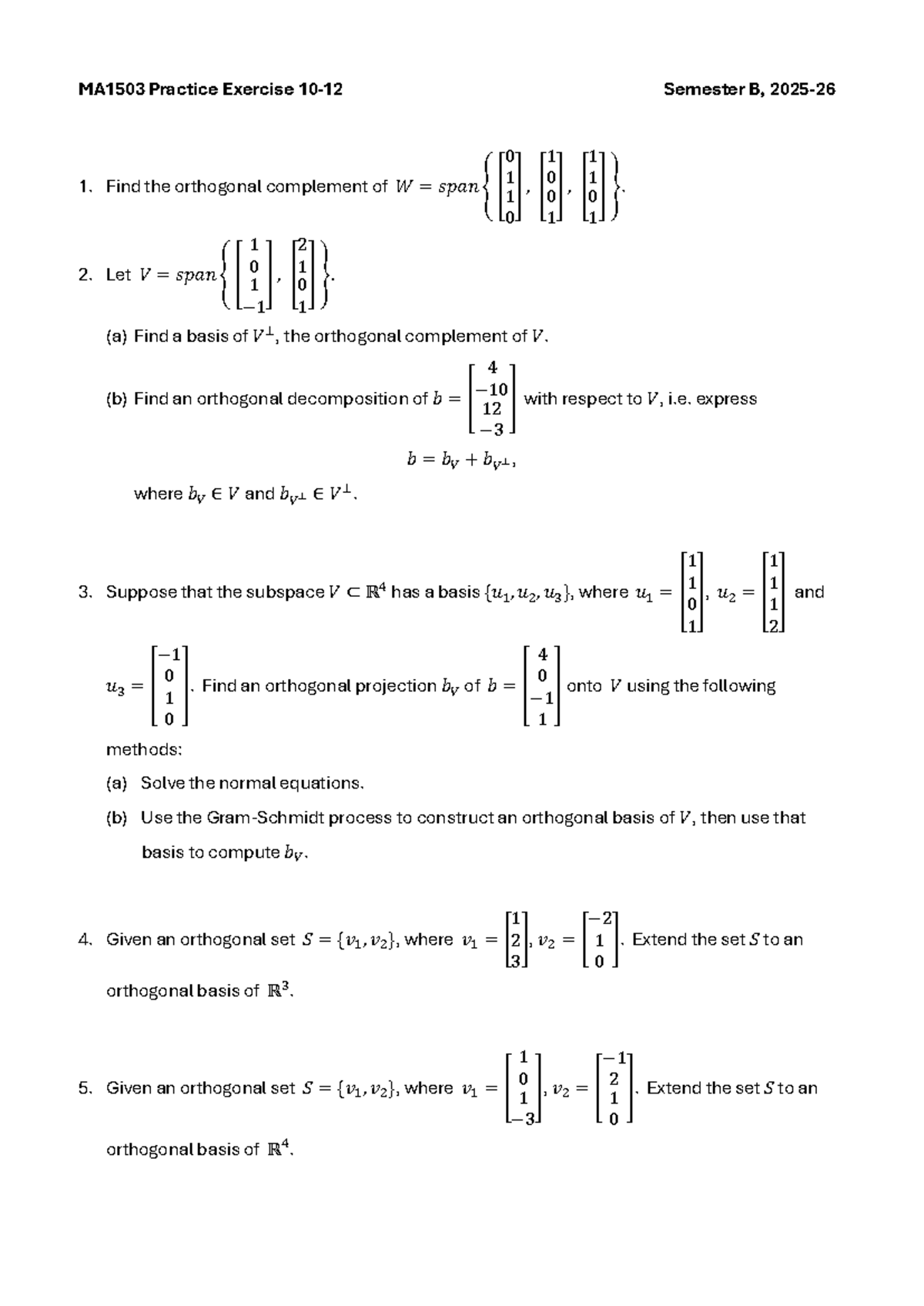 MA1503 Practice Exercises 10-12: Orthogonal Complements & Projections ...