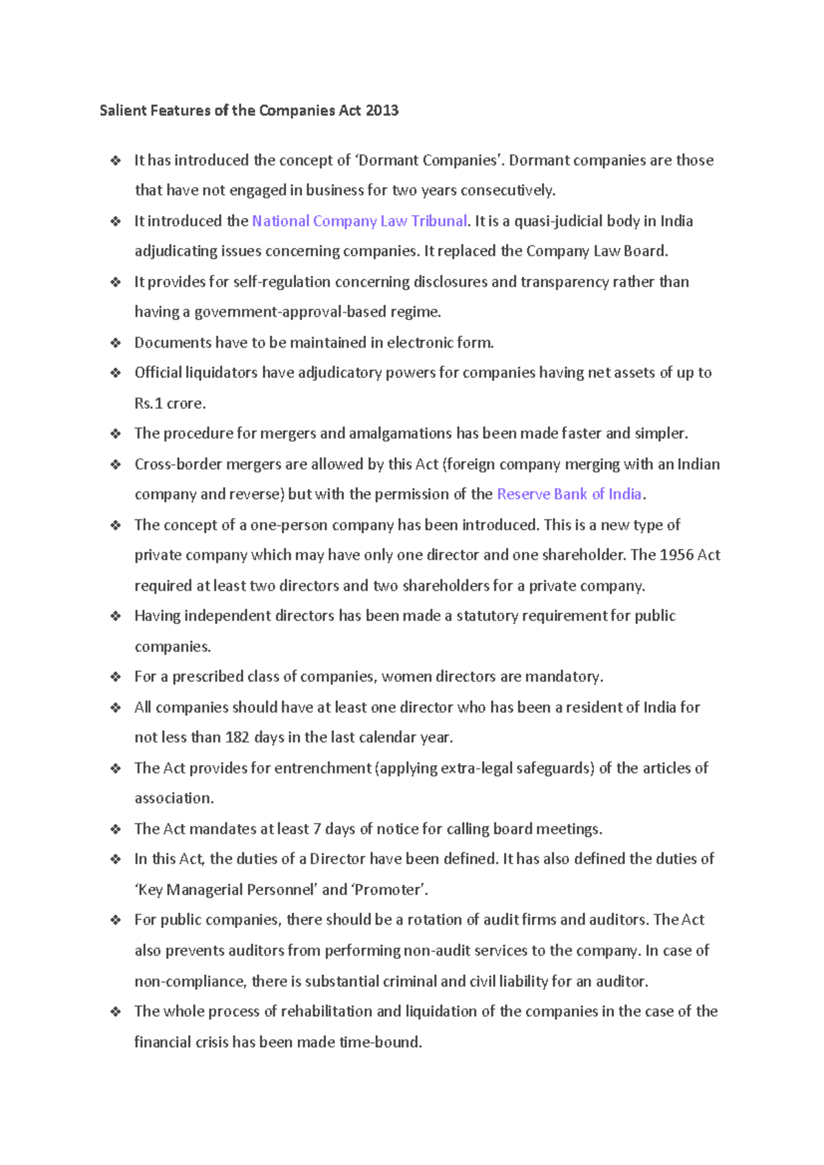 Salient Features of the Companies Act 2013: Key Changes & Impacts - Studocu