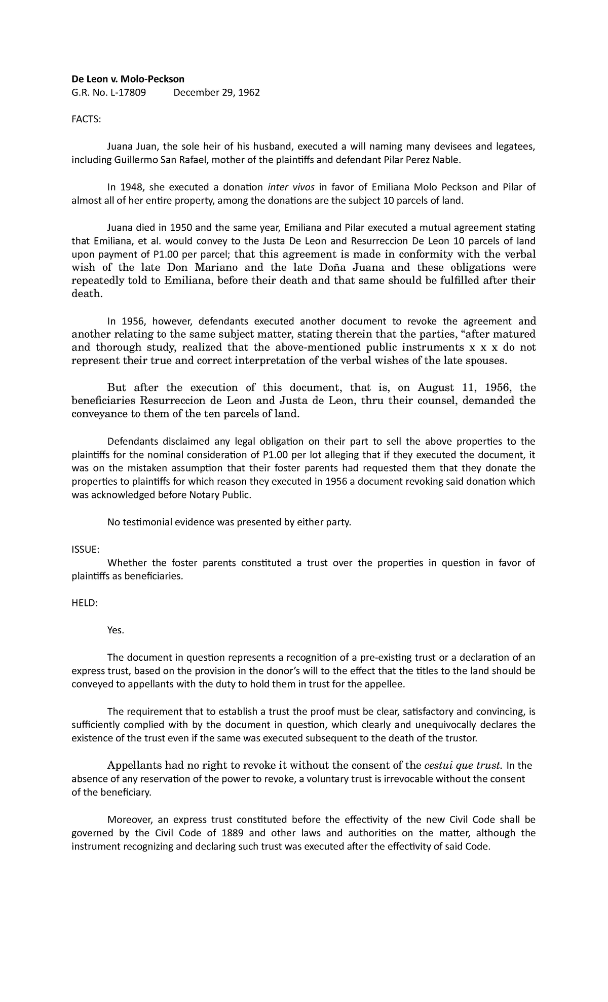 Case Digests on Trust Law (De-Leon to Martinez) - Analysis & Insights ...