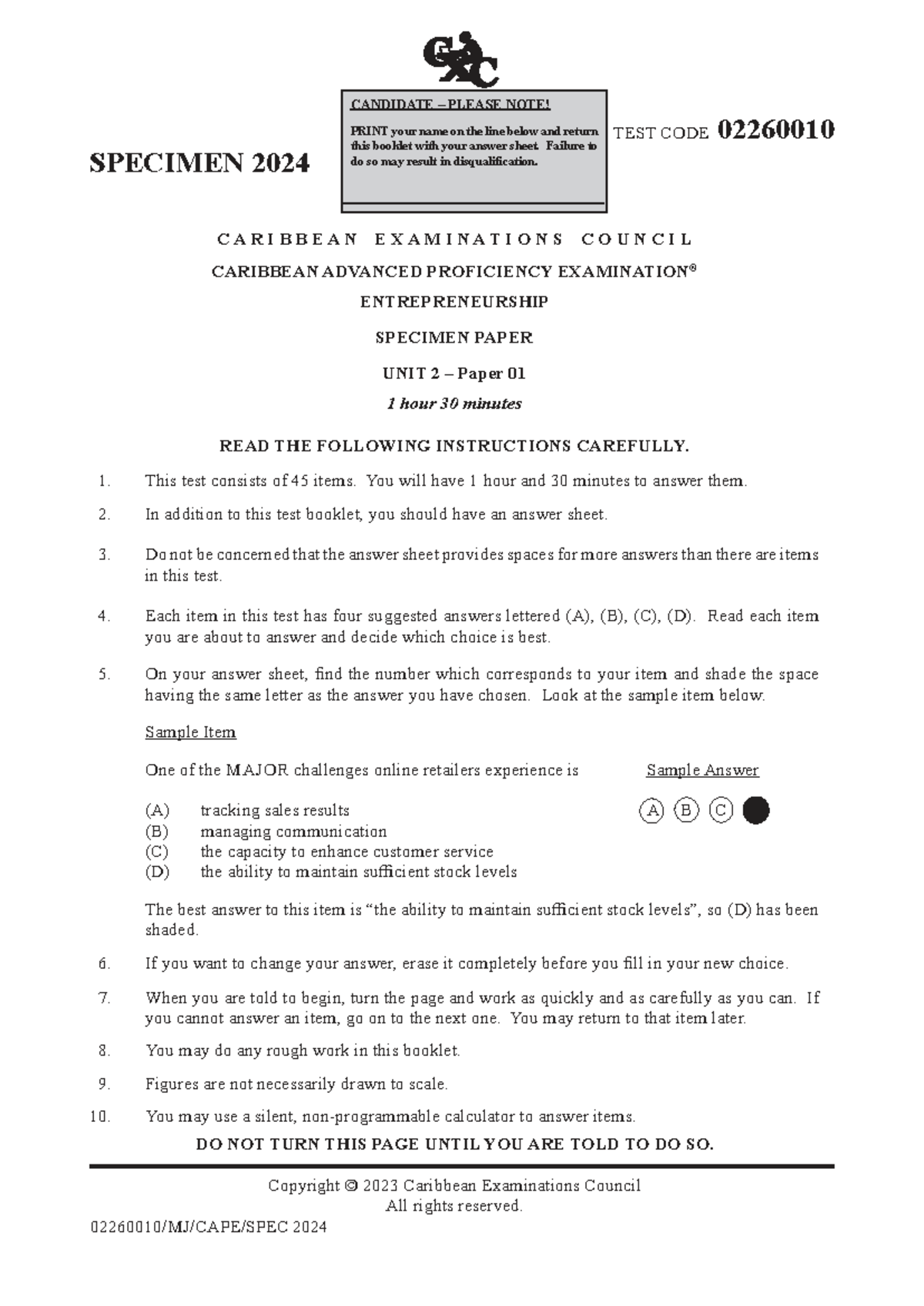 Cape Entrepreneurship Unit 2 Specimen Paper 1 - 2024 - Studocu