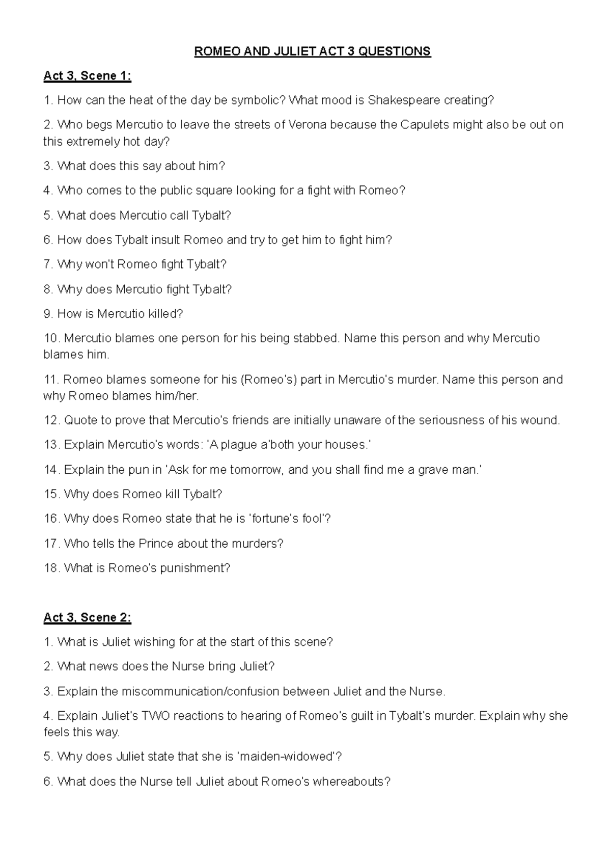 Act 3 Questions - ROMEO AND JULIET Analysis (ENG 101) - Studocu