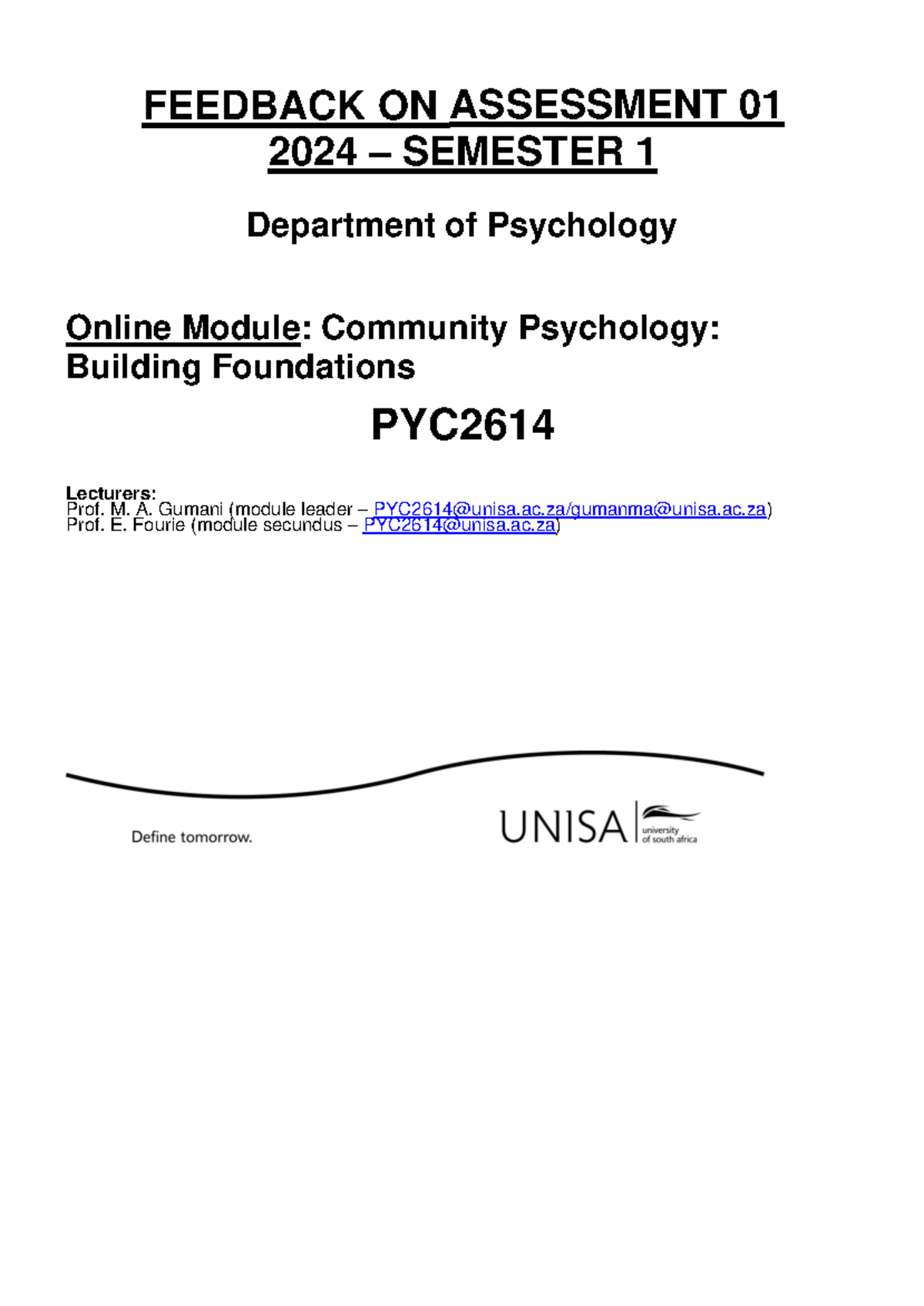 PYC2614 2024 Sem 1 Assessment 01 Feedback Summary and Insights - Studocu