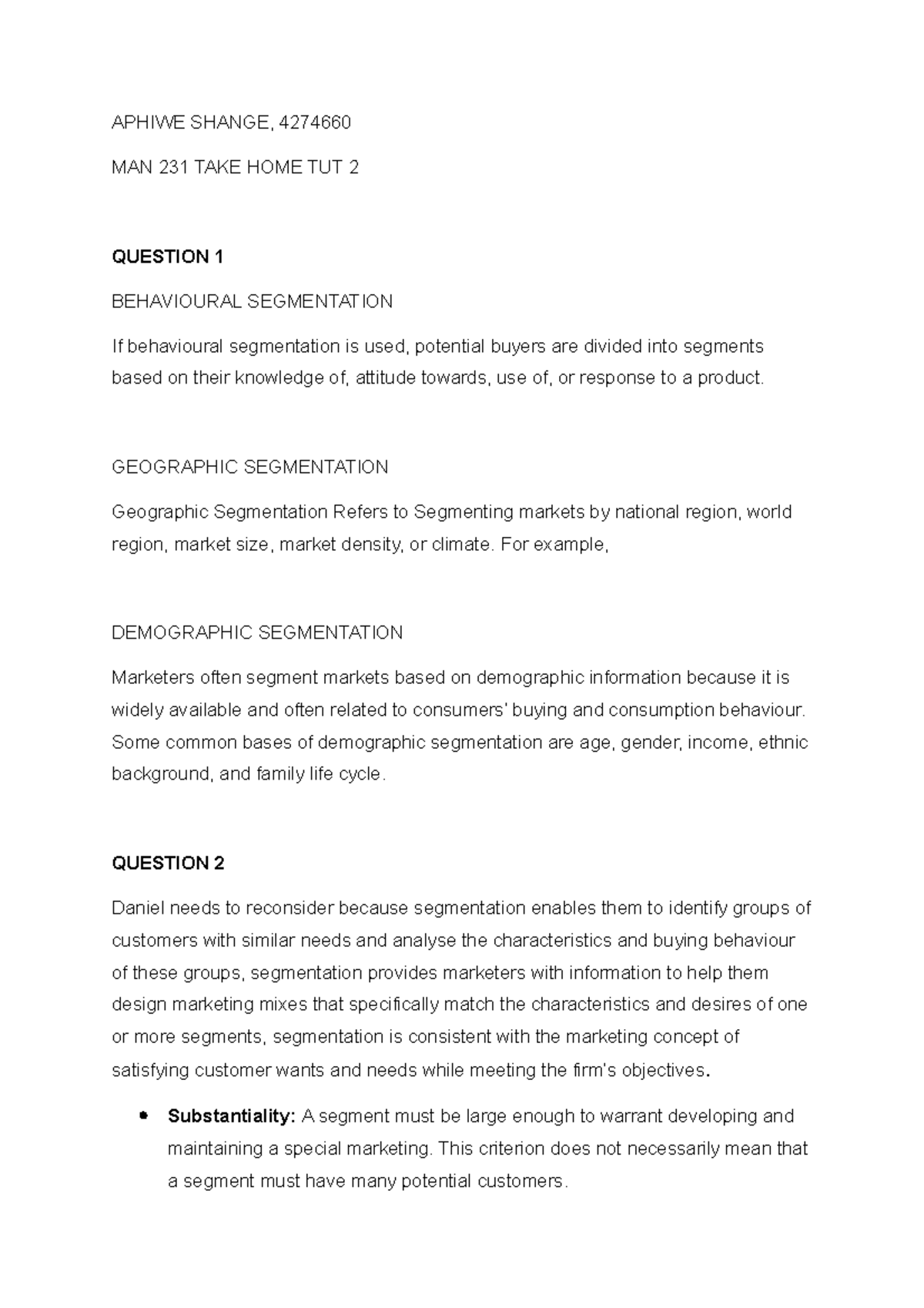 MAN 231 Take Home Tut 2 - Man231 tut - APHIWE SHANGE, 4274660 MAN 231 ...