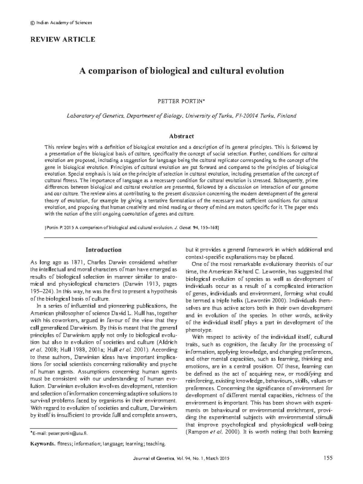 A Comparative Study of Biological and Cultural Evolution (GEN 94) - Studocu