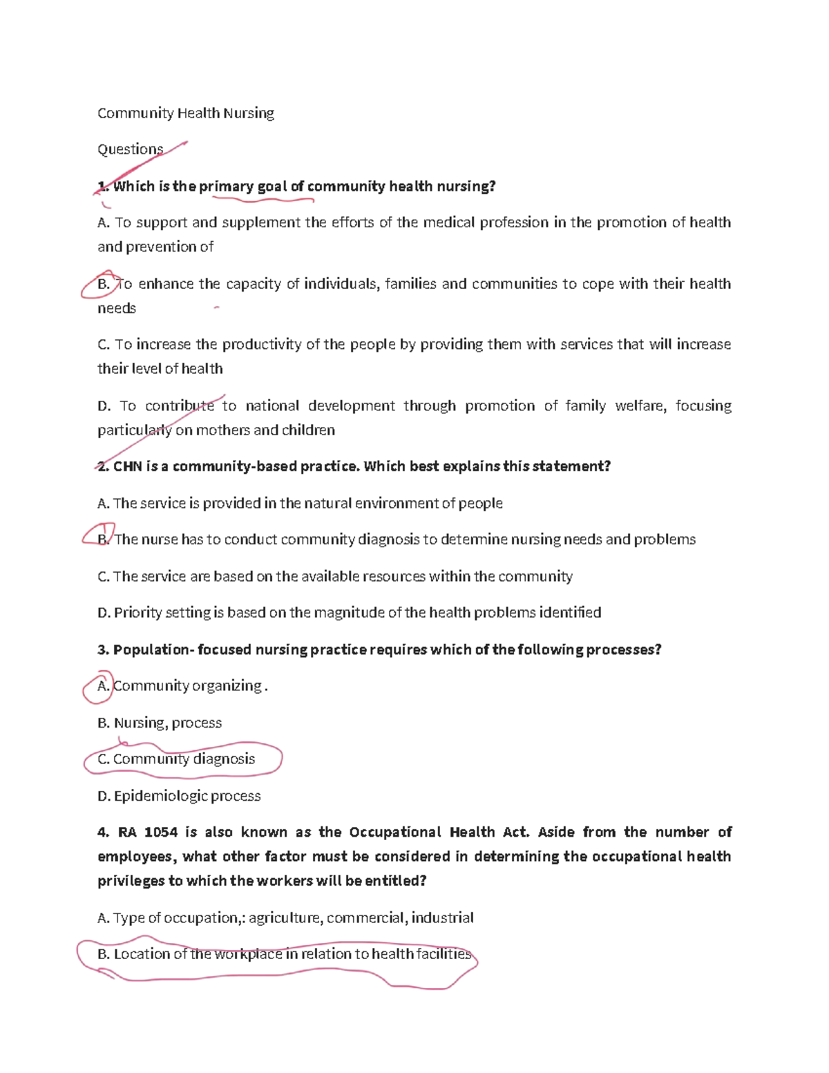 Community Health Nursing 1: Key Questions and Rationale - Studocu