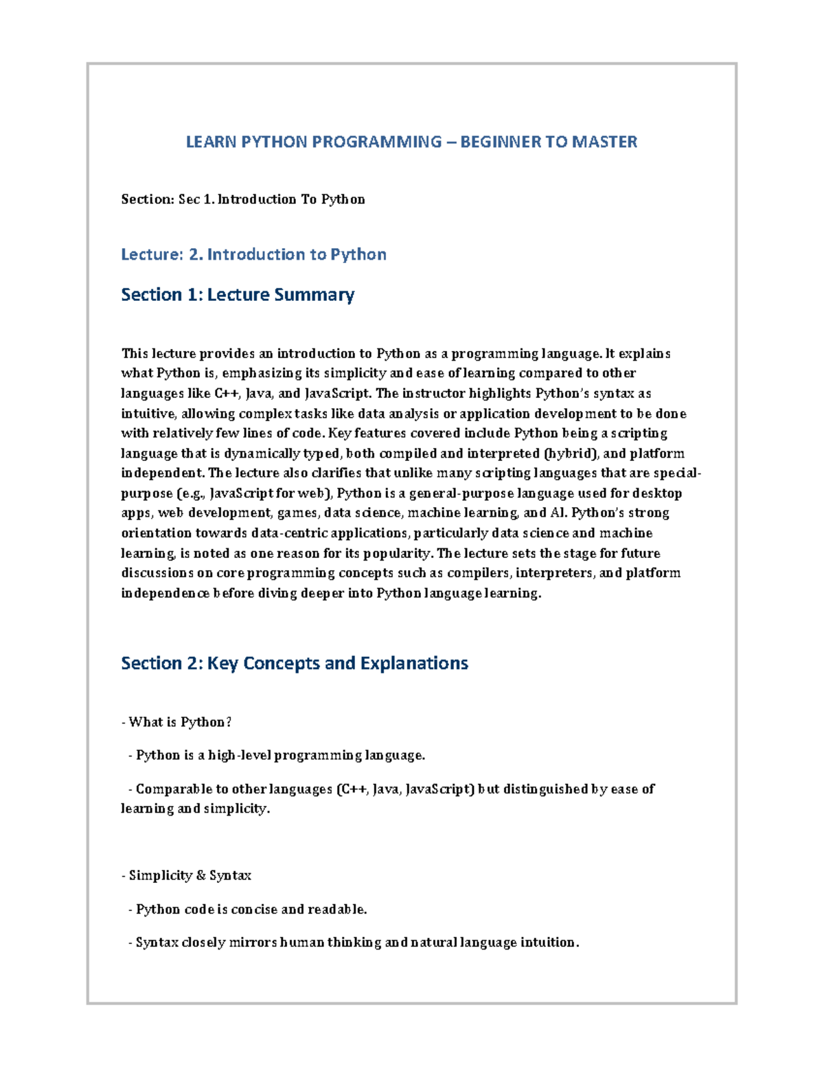 Python Programming 101: Intro to Python - Sec 1 Lecture Summary - Studocu