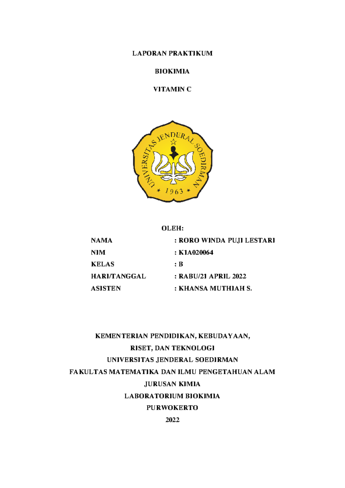Laporan Praktikum Biokimia: Uji Oksidase dan Kadar Vitamin C K1A - Studocu