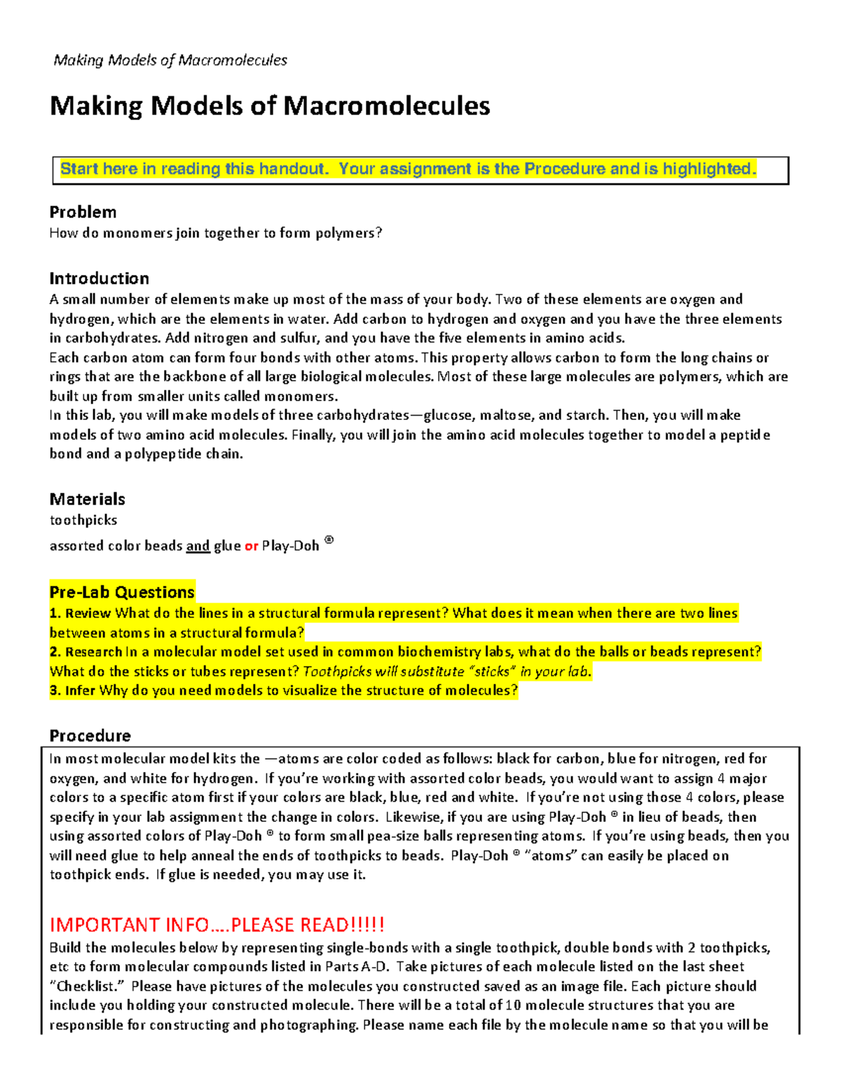 Models of Macromolecules: Lab Procedure & Construction Guide - Studocu
