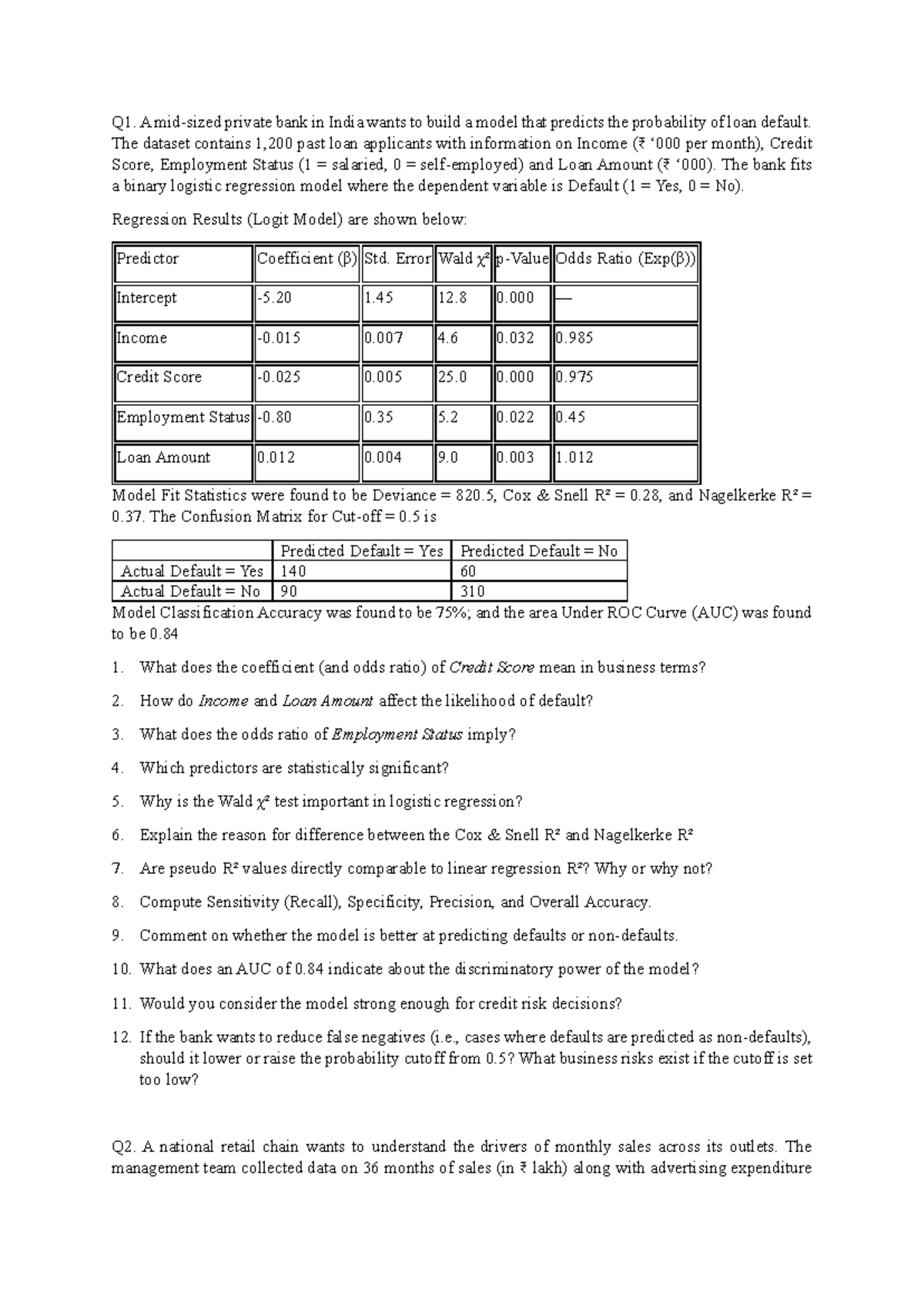 Q1-Q3: Logistic Regression, Linear Regression & LDA Analysis Sample ...