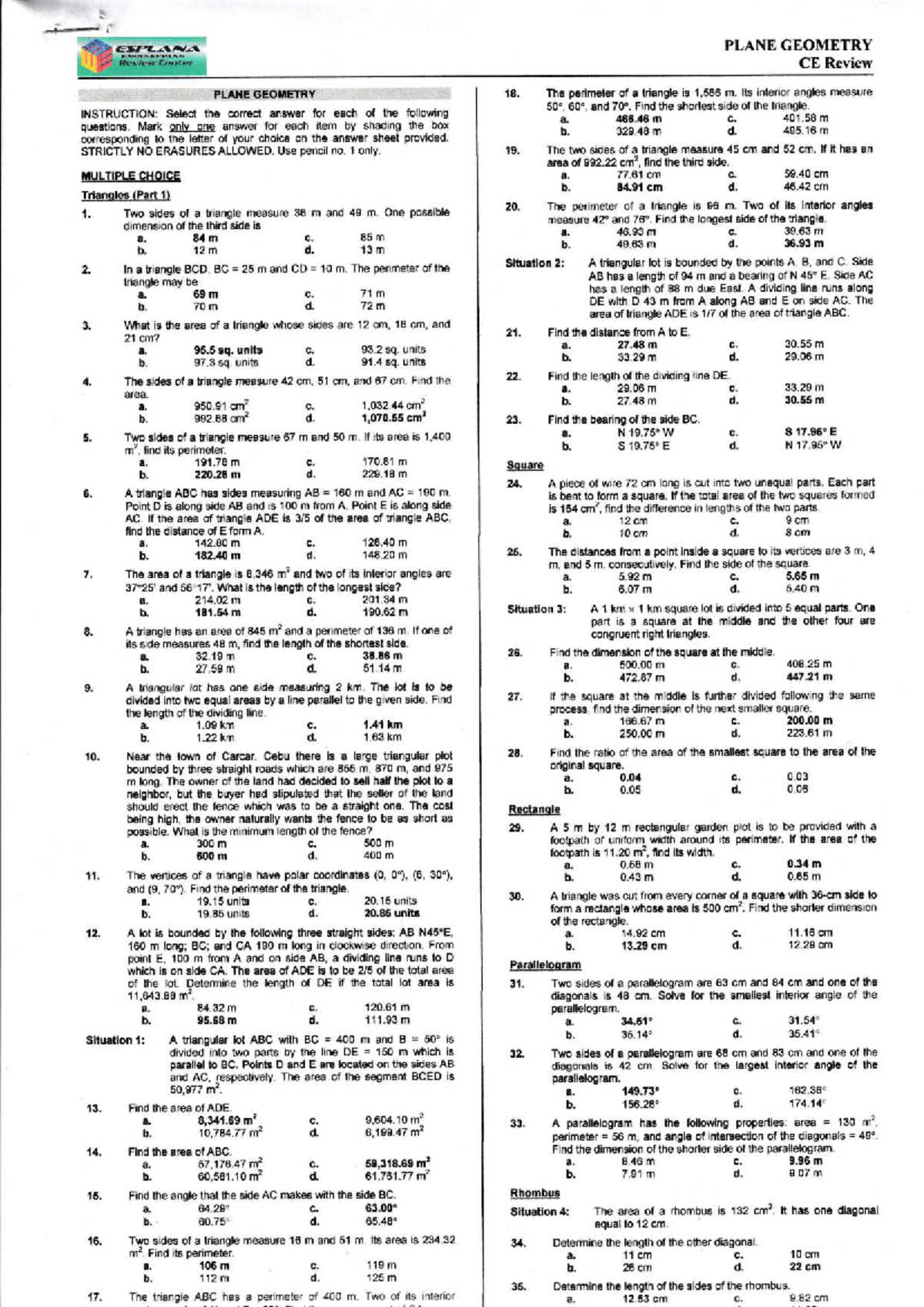 PLANE GEOMETRY CE Review: Multiple Choice Questions and Solutions - Studocu