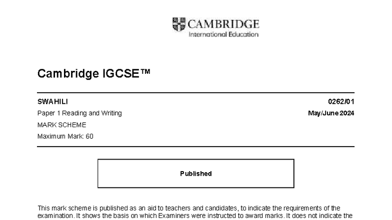 Cambridge IGCSE SWAHILI Paper 1 Reading & Writing 2024 Mark Scheme ...
