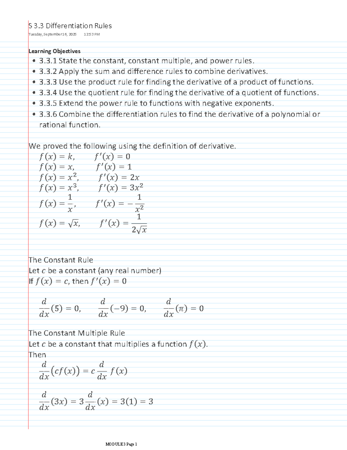 Differentiation Rules: Sum, Difference, Product, and Quotient - M3 - Studocu