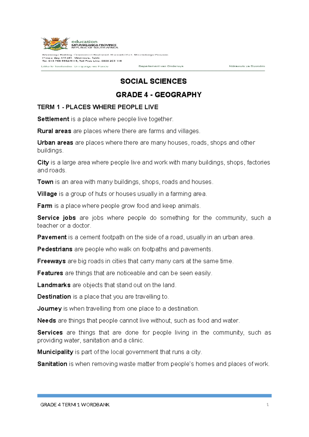 SOCIAL SCIENCES GRADE 4 GEOGRAPHY TERM 1 WORD BANK - Studocu