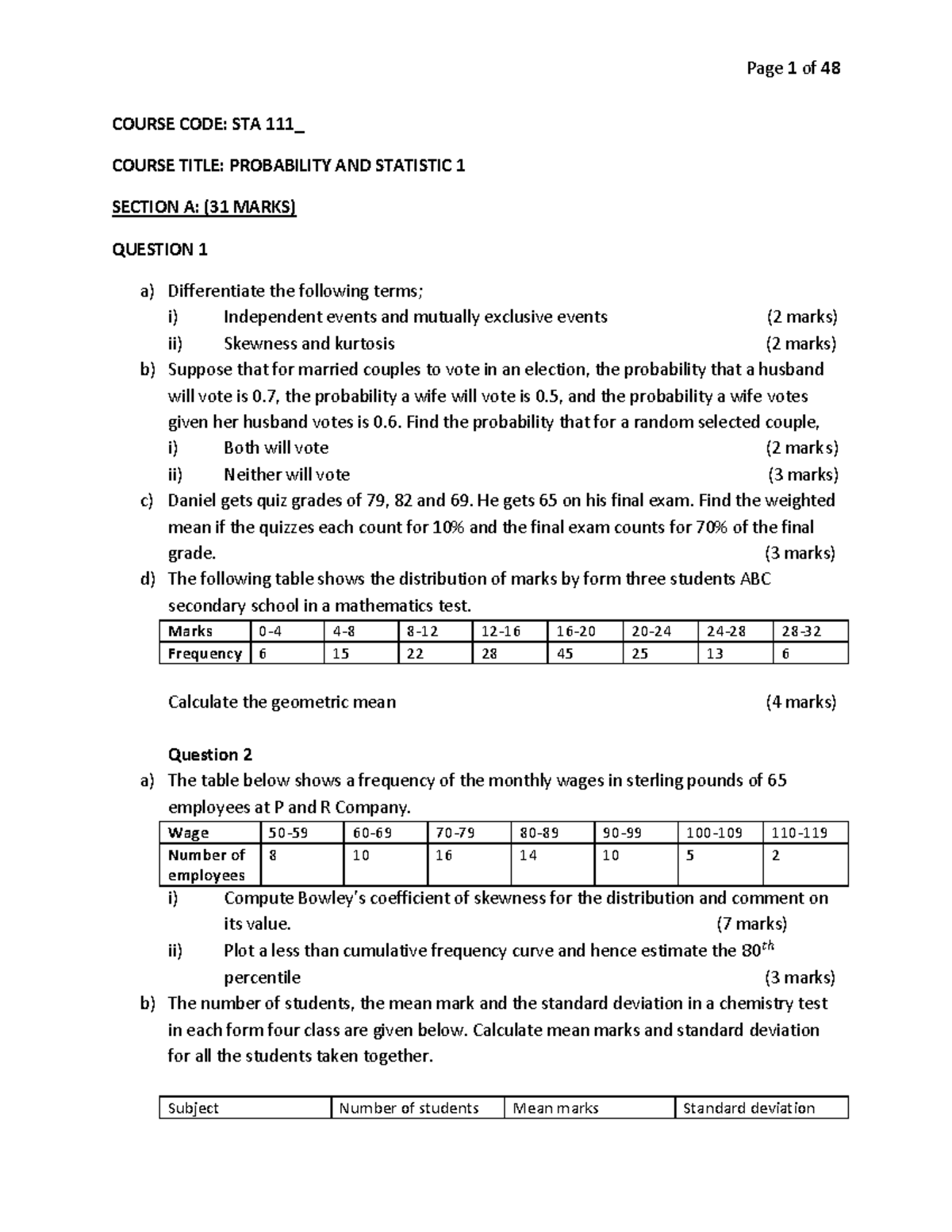 Probability & Statistics 1 (STA 111) Solved Questions and Solutions - Studocu