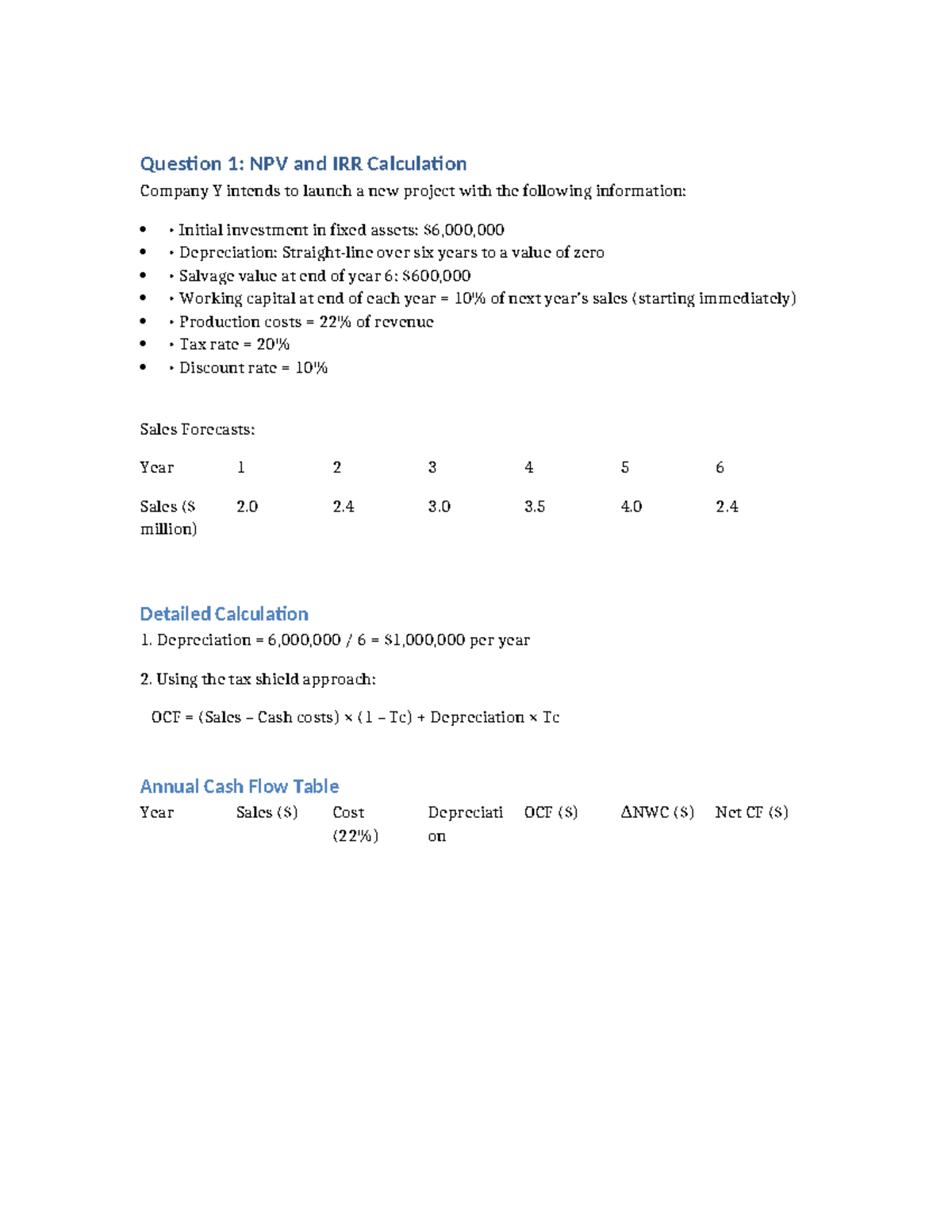 NPV and IRR Calculation for Project Y: Financial Analysis - Studocu