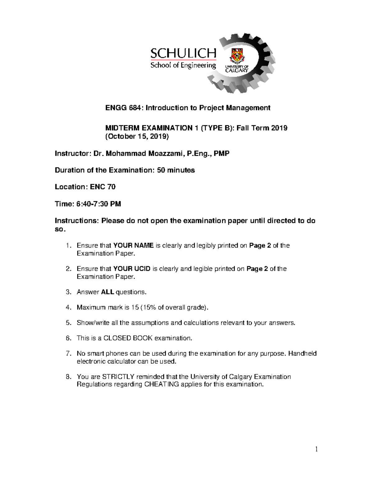 Midterm Exam 1 1 March 2019, questions and answers - ENGG 684 ...