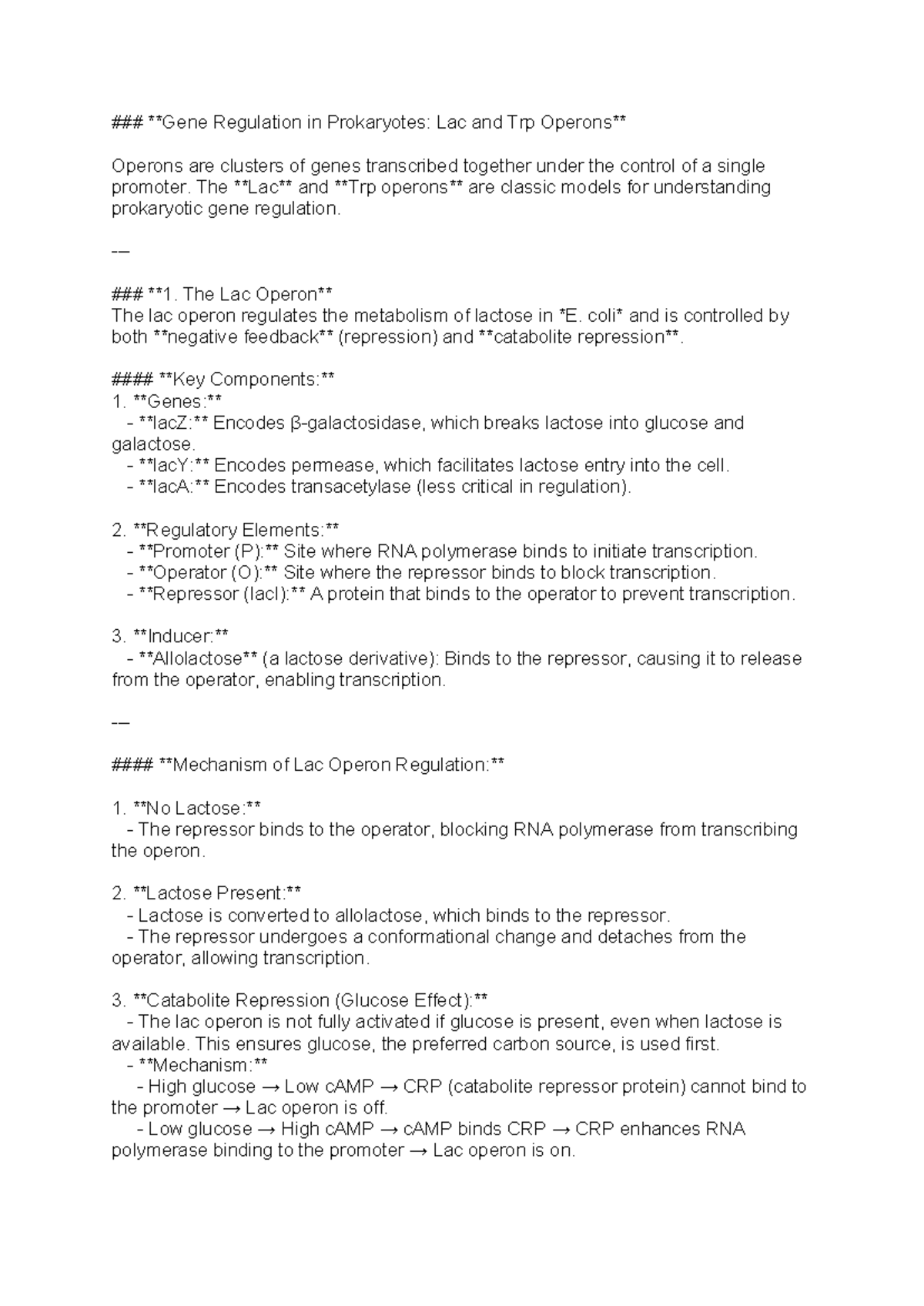 Gene Regulation in Prokaryotes: Lac & Trp Operons Overview - Studocu