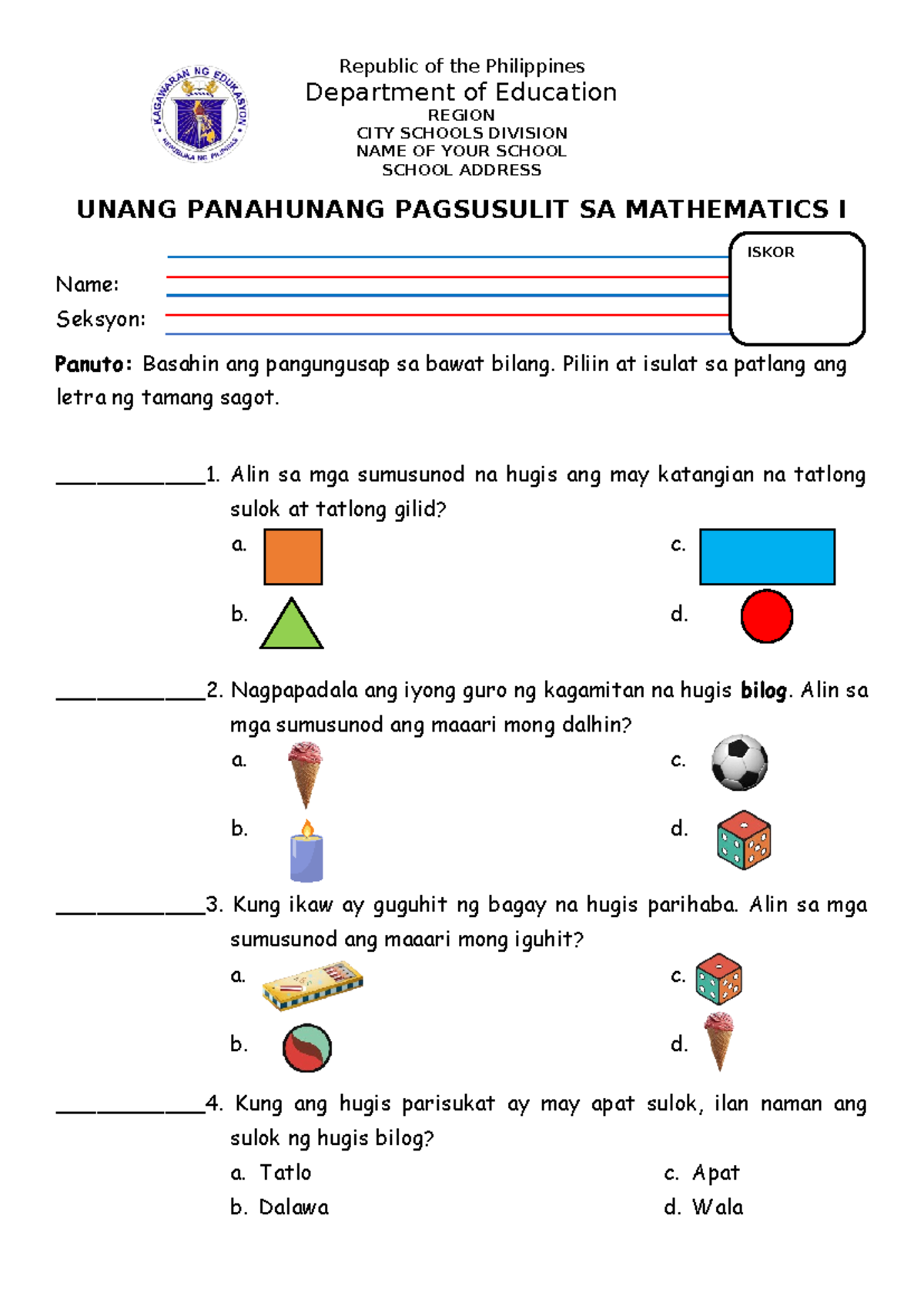PT MATH I First - exams - Republic of the Philippines Department of ...